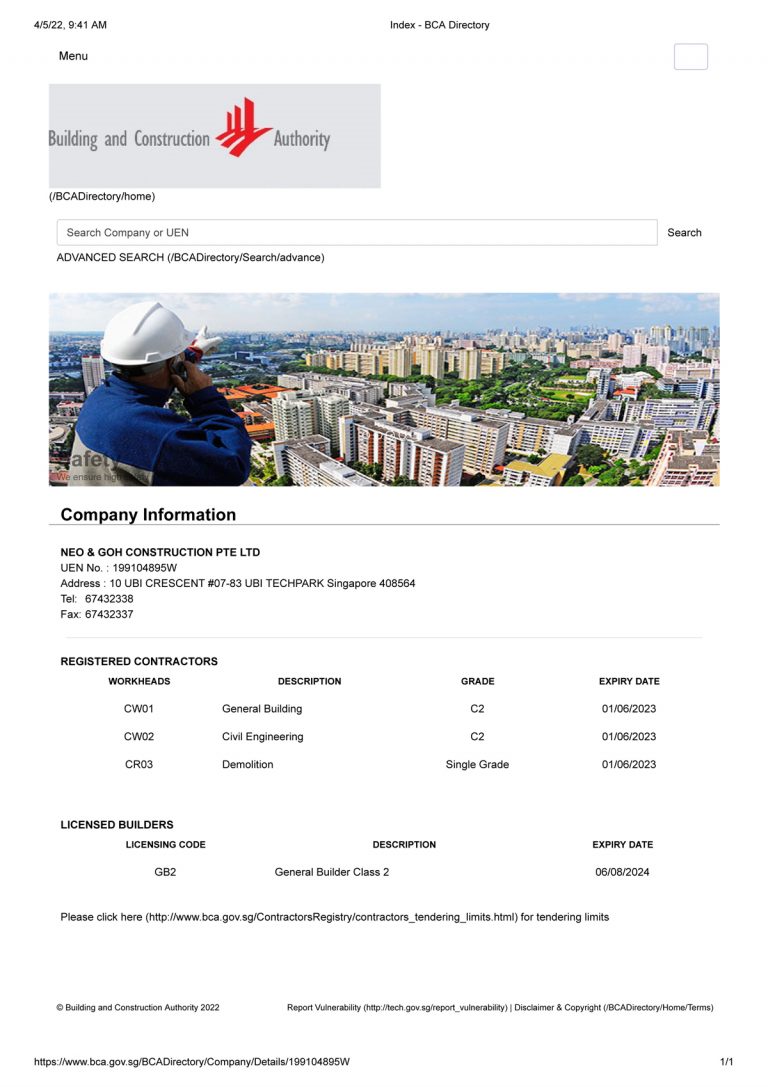 BCA Registration – Building Construction – Neo & Goh Construction